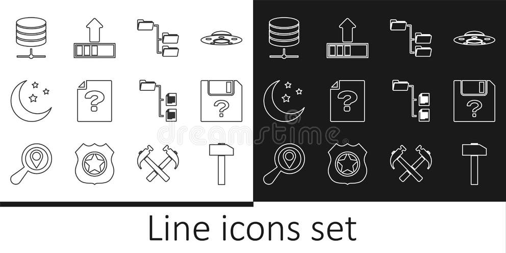 Set Line Hammer, Unknown Document, Folder Tree, Moon and Stars, Server, Data, Web Hosting, and ...