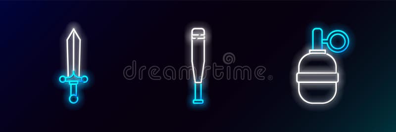 Set Line Hand Grenade, Medieval Sword and Baseball Bat Icon. Glowing ...