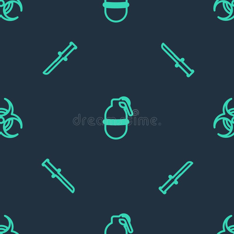 Set Line Hand Grenade, Military Knife and Biohazard Symbol on Seamless ...