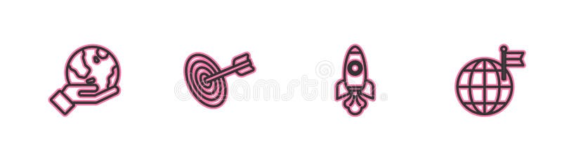 Set Line Hand Holding Earth Globe, Rocket Ship, Target and Planet with ...