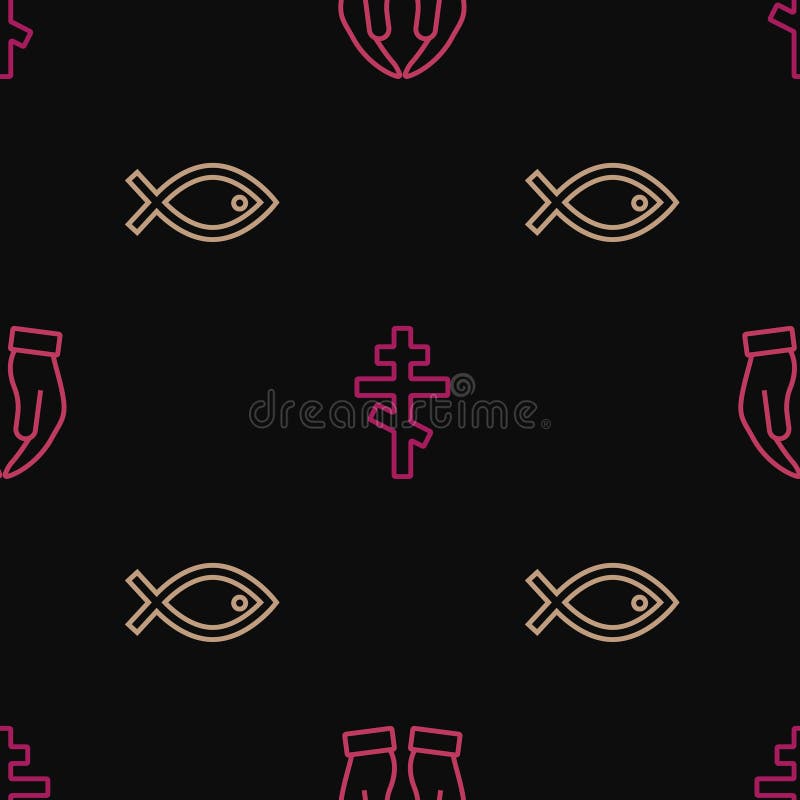 Set Line Hands in Praying Position, Christian Fish Symbol and Cross on ...