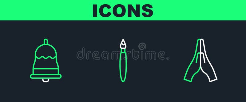 Set Line Hands in Praying Position, Ringing Bell and Paint Brush Icon ...