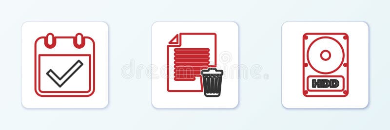 Set Line Hard Disk Drive HDD, Calendar with Check Mark and Delete File ...