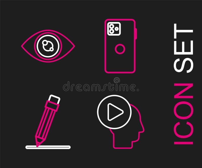 Set Line Head People with Play Button, Pencil Eraser, Smartphone ...