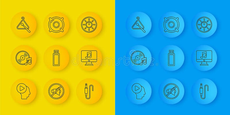 Set Line Head People with Play Button, Vinyl Disk, USB Flash Drive ...