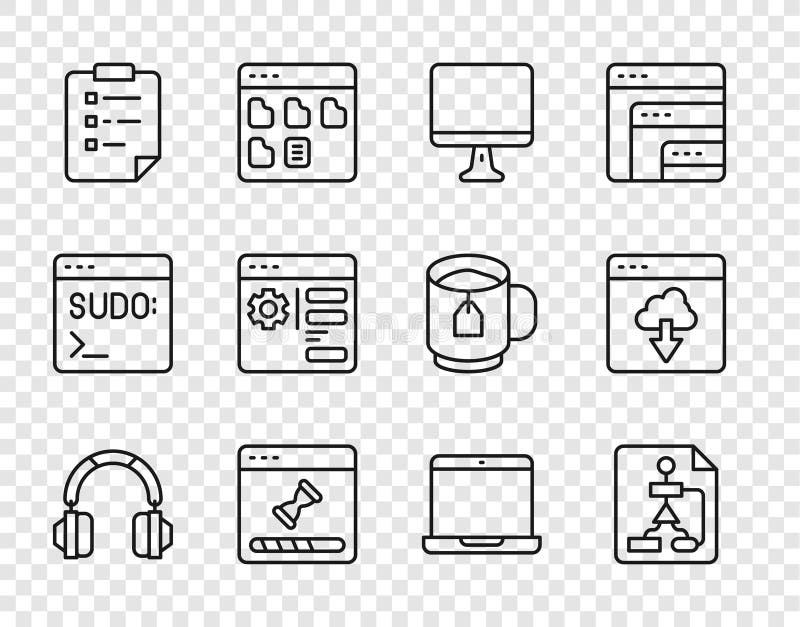 Set Line Headphones, Flowchart, Computer Monitor Screen, Loading Data ... Set Line Headphones, Flowchart, Computer Monitor Screen, Loading Data ...