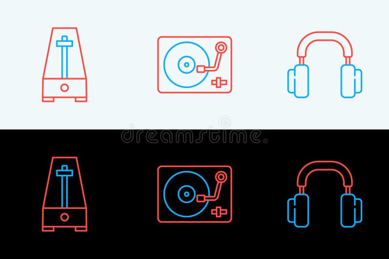 Set Line Headphones, Metronome with Pendulum and Vinyl Player Vinyl Disk Icon. Vector Stock ...
