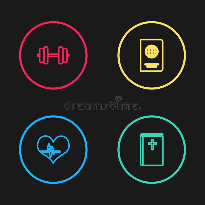Set Line Heart Rate, Holy Bible Book, Passport and Dumbbell Icon ... Set Line Heart Rate, Holy Bible Book, Passport and Dumbbell Icon ...