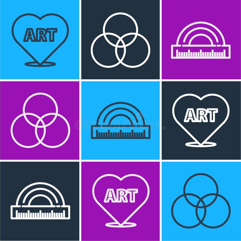 Set Line Heart with Text Art, Protractor and RGB and CMYK Color Mixing ...