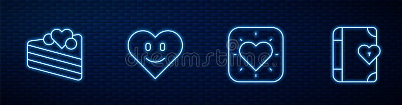 Set Line Heart, Wedding Cake, and Love Diary. Glowing Neon Icon on ...