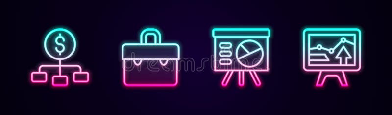 Set Line Hierarchy with Dollar, Briefcase, Board Graph and Monitor Chart. Glowing Neon Icon ...
