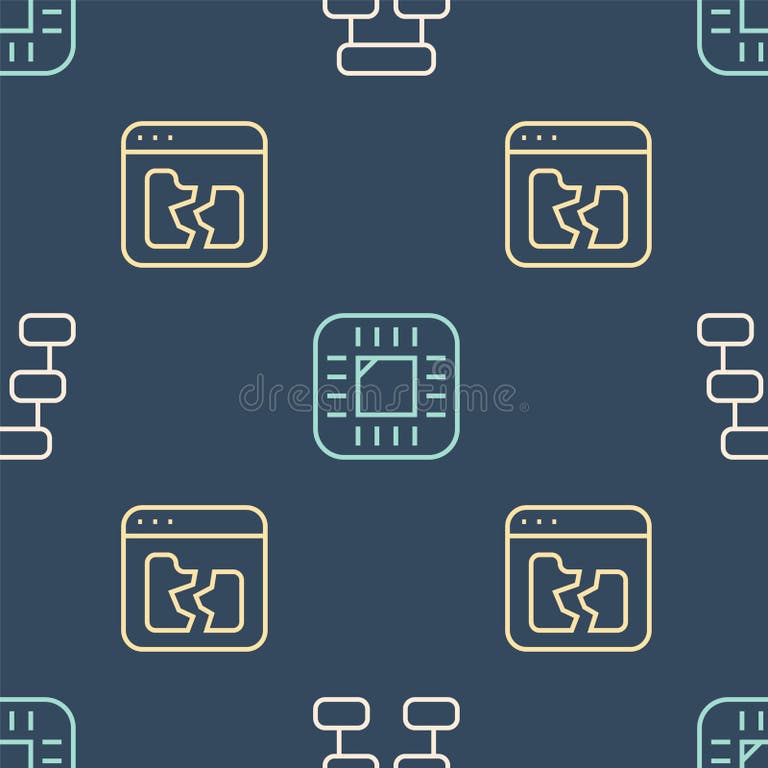 Set Line Hierarchy Organogram Chart, Broken File and Processor with CPU on Seamless Pattern ...