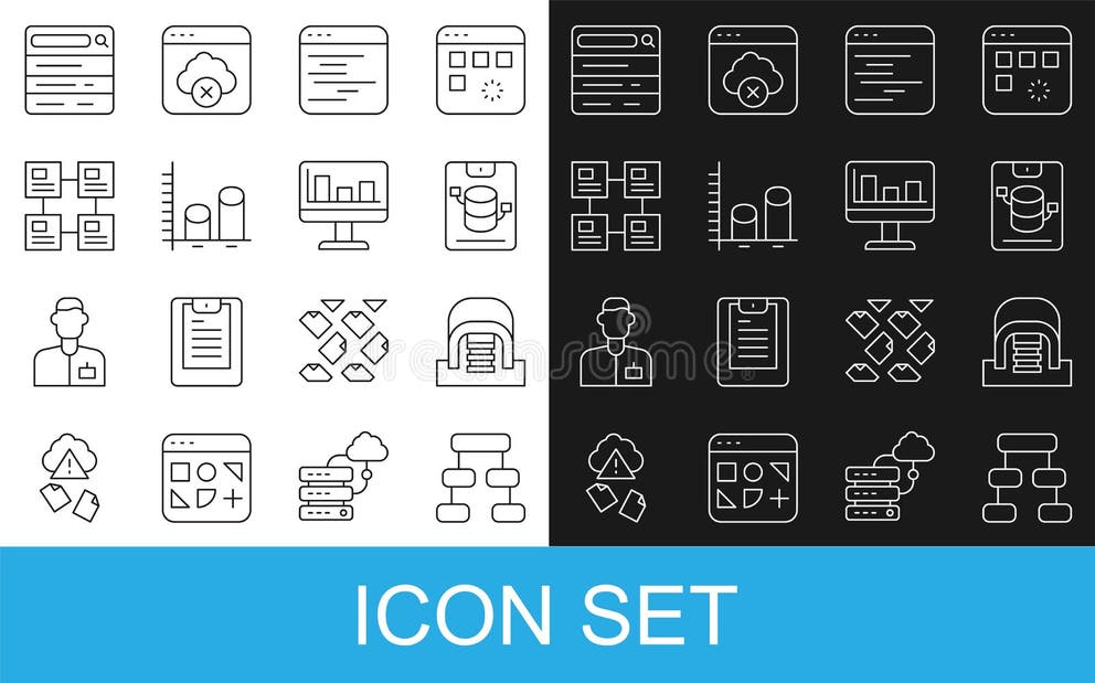 Set Line Hierarchy Organogram Chart, Hangar with Servers, Server, Data, Web Hosting, Software ...