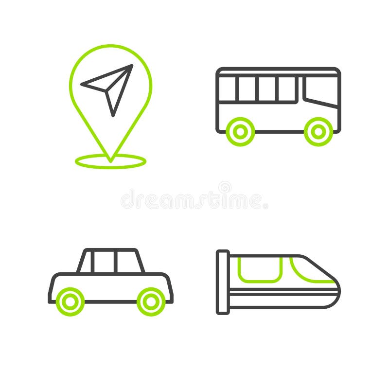 Set Line High-speed Train, Car, Bus and Location Icon. Vector Stock ...