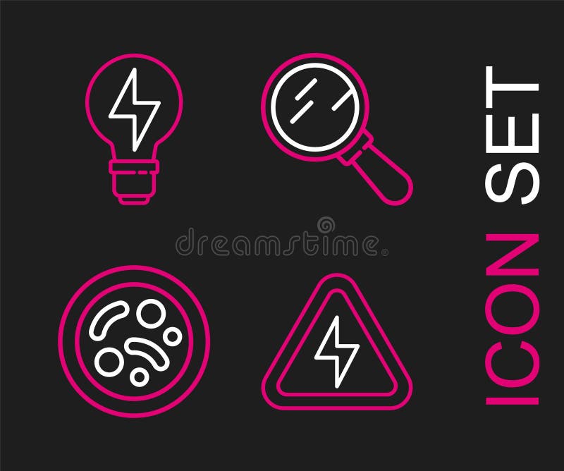 Set Line High Voltage, Bacteria, Magnifying Glass and Light Bulb with ...