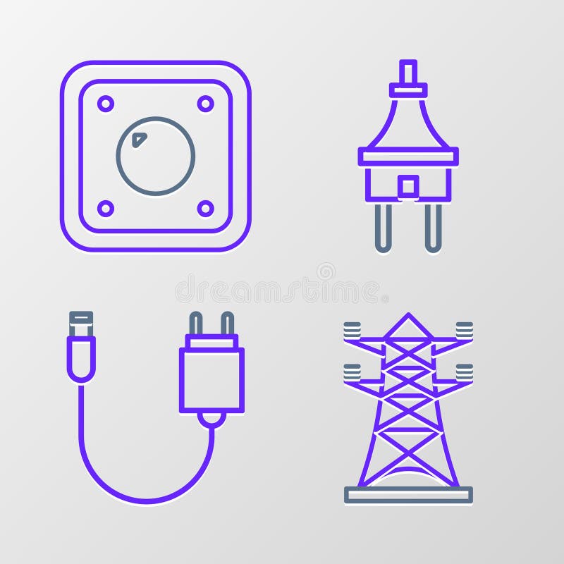 Set Line High Voltage Power Pole Line, Charger, Electric Plug and Light ...