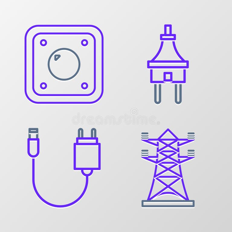 Set Line High Voltage Power Pole Line, Charger, Electric Plug and Light ...