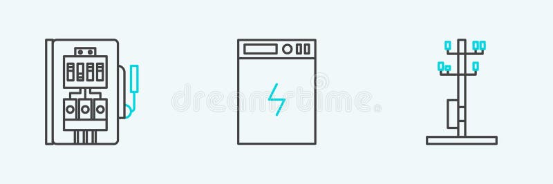 Set Line High Voltage Power Pole Line, Electrical Panel and Power Bank ...