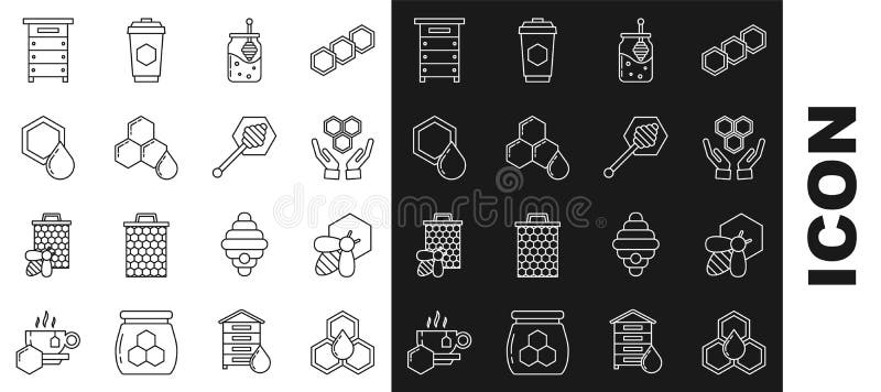 Set Line Honeycomb, Bee and Honeycomb, Hands, Jar of Dipper Stick, Hive ...