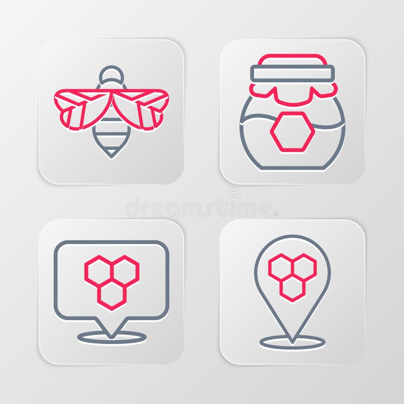 Set Line Honeycomb Bee Location, Jar of Honey and Bee Icon. Vector Stock Illustration ...