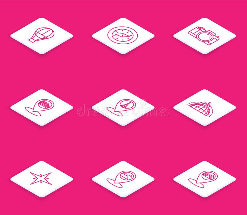 Set Line Hot Air Balloon, Compass, Photo Camera, Map Pointer with ...