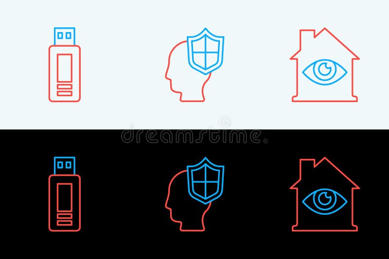 Set Line House with Eye Scan, USB Flash Drive and Head Shield Icon ...