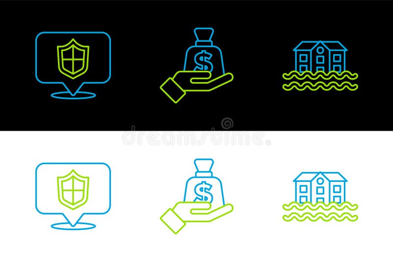 Set Line House Flood, Location Shield and Money in Hand Icon. Vector ... Set Line House Flood, Location Shield and Money in Hand Icon. Vector ...