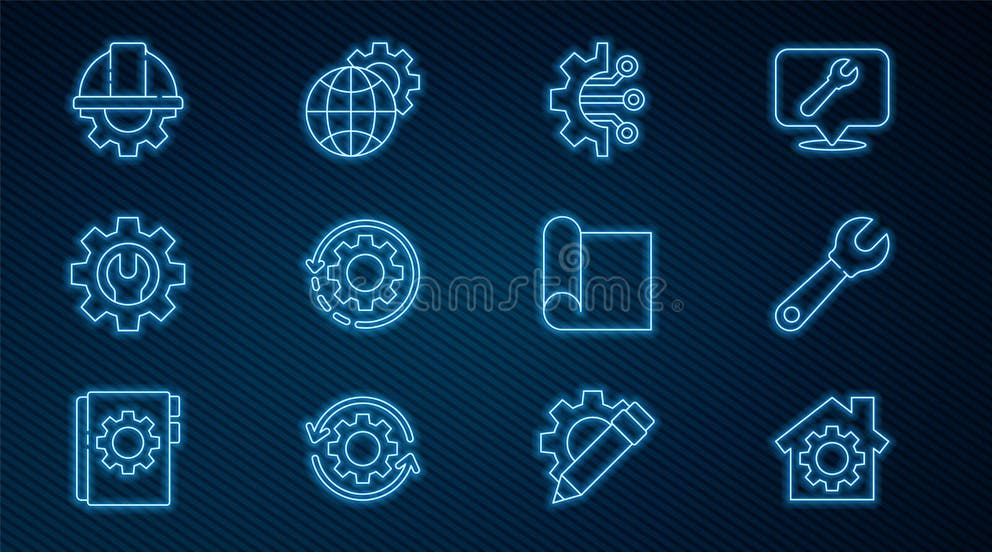 Set Line House with Gear, Wrench Spanner, Algorithm, Gear and Arrows As Workflow, Worker Safety ...