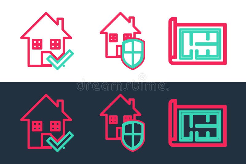 Set Line House Plan, with Check Mark and Under Protection Icon. Vector ...
