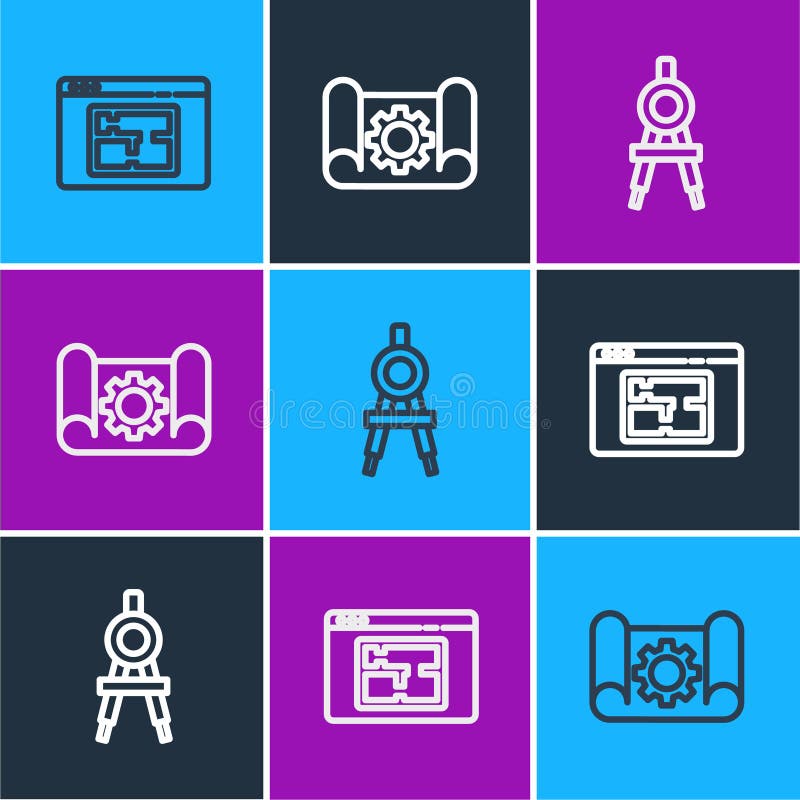 Set Line House Plan, Drawing Compass and Graphing Paper and Gear Icon ...