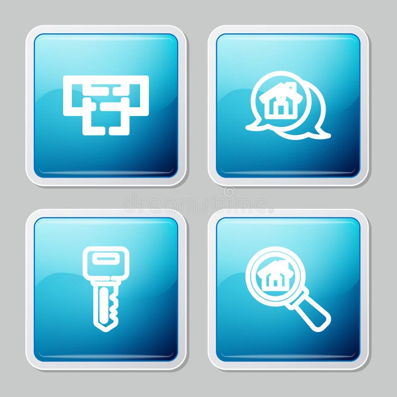 Set Line House Plan, Real Estate Message House, Key and Search Icon ...