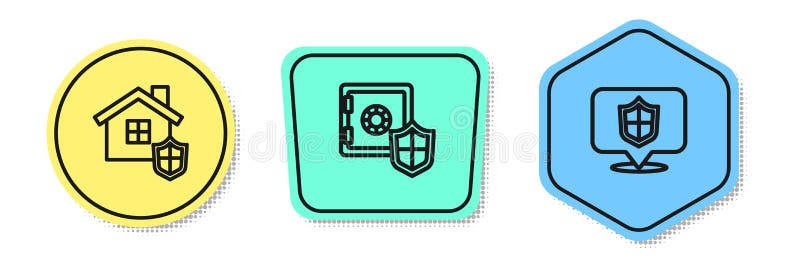 Set Line House with Shield, Safe and Location. Colored Shapes Stock ... Set Line House with Shield, Safe and Location. Colored Shapes Stock ...