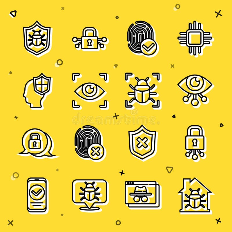 Set Line House System Bug, Cyber Security, Eye Scan, Fingerprint, Head ... Set Line House System Bug, Cyber Security, Eye Scan, Fingerprint, Head ...