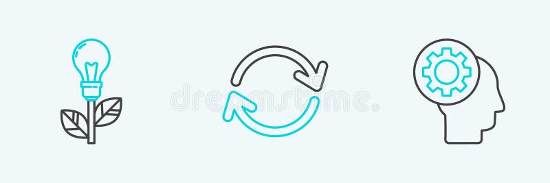 Set Line Human Head with Gear Inside, Light Bulb Leaf and Refresh Icon ...