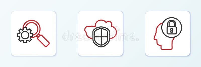 Set Line Human Head with Lock, Magnifying Glass and Gear and Cloud ...