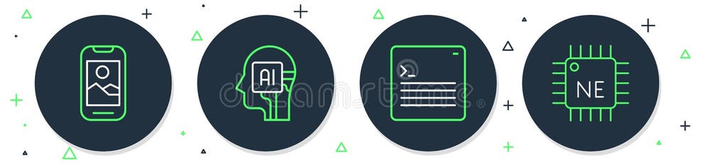 Set Line Humanoid Robot, Web Developer Programming Code, Mobile Phone and Processor CPU Icon ...