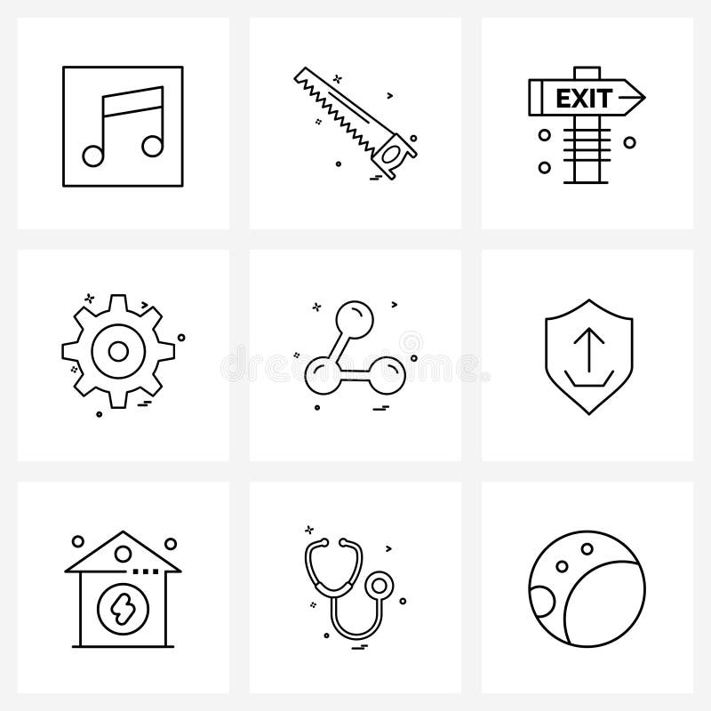 Set of 9 Line Icon Signs and Symbols of Protection, Ui, Exit, Share ...