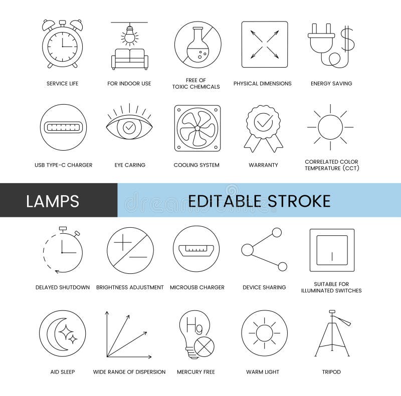 Set of Line Icons in Vector for Lamp Packaging, Technical ...