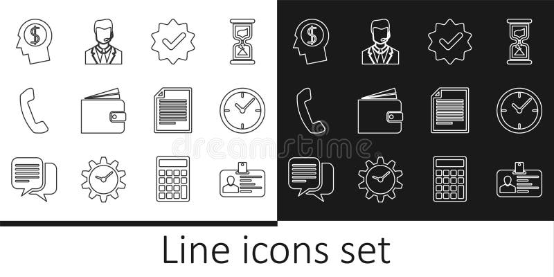 Set Line Identification Badge, Clock, Approved and Check Mark, Wallet ...