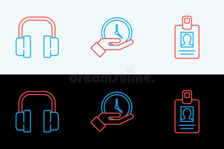 Set Line Identification Badge, Headphones and Clock Icon. Vector Stock ...