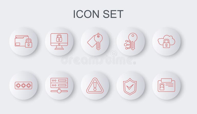 Set Line Identification Badge, Password Protection, Marked Key, Shield with Check Mark, Folder ...