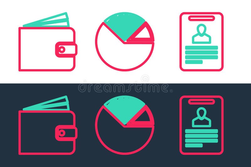 Set Line Identification Badge, Wallet and Pie Chart Infographic Icon ...
