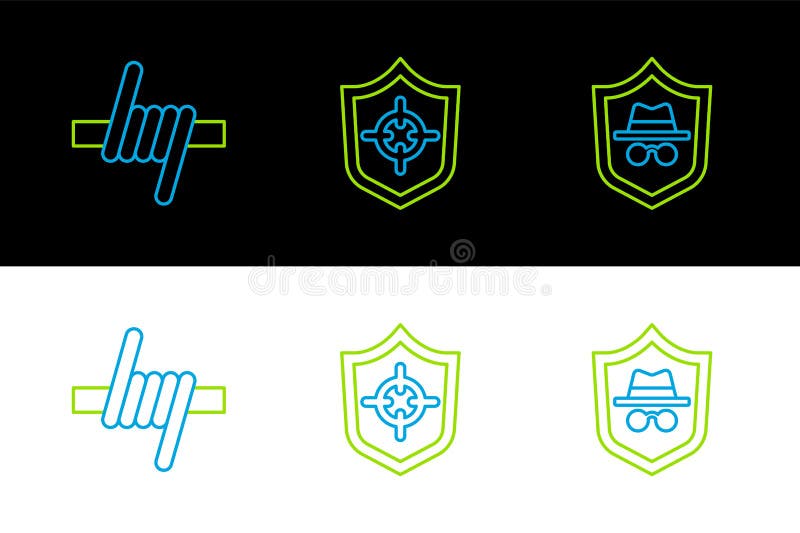 Set Line Incognito Mode, Barbed Wire and Shield Icon. Vector Stock ...