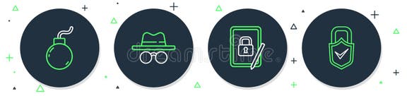 Set Line Incognito Mode, Tablet with Closed Padlock, Bomb Ready Explode ...