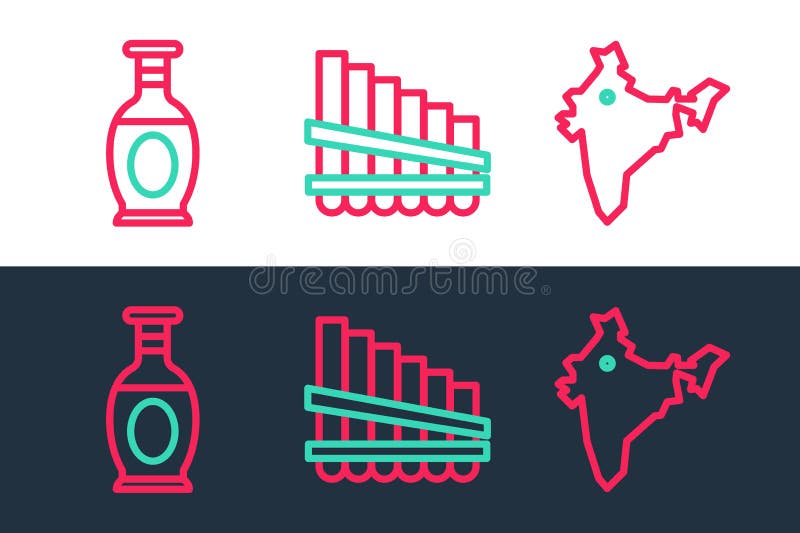 Set Line India Map, Indian Vase and Pan Flute Icon. Vector Stock Vector ...