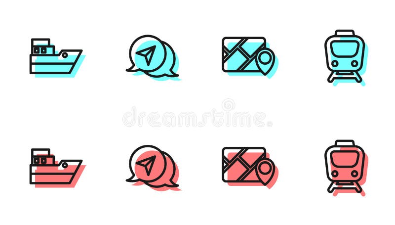 Set Line Infographic of City Map Navigation, Ship Line Path, and Train ...