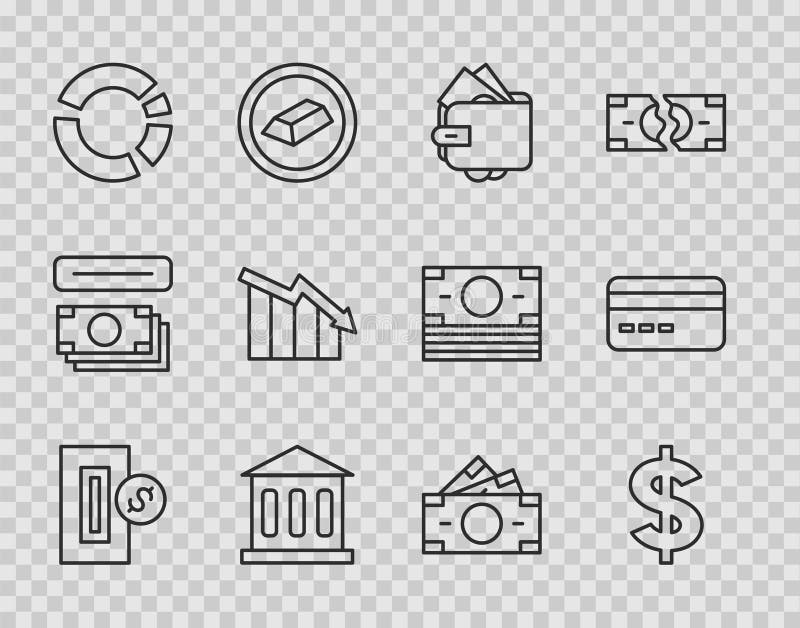 Set Line Inserting Coin, Dollar Symbol, Wallet with Money, Bank Building, Pie Chart Infographic ...