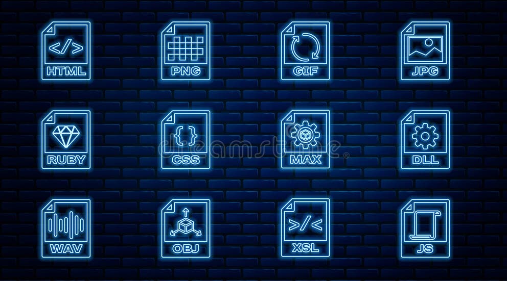 Set Line JS File Document, DLL, GIF, CSS, RUBY, HTML, MAX and PNG Icon. Vector Stock Vector ...