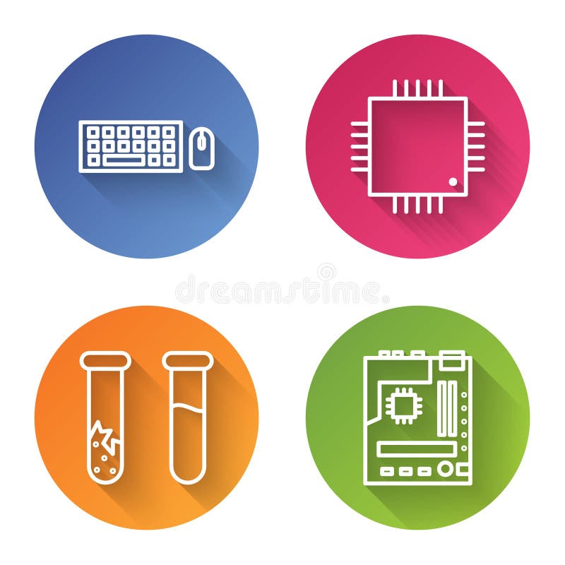 Set Line Keyboard And Mouse Processor With Microcircuits Cpu Test Tube And Flask And