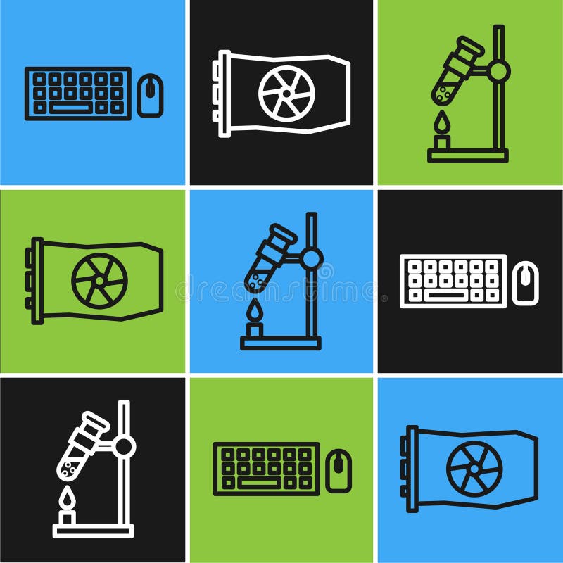 Set Line Keyboard and Mouse, Test Tube Flask on Fire and Video Graphic ...